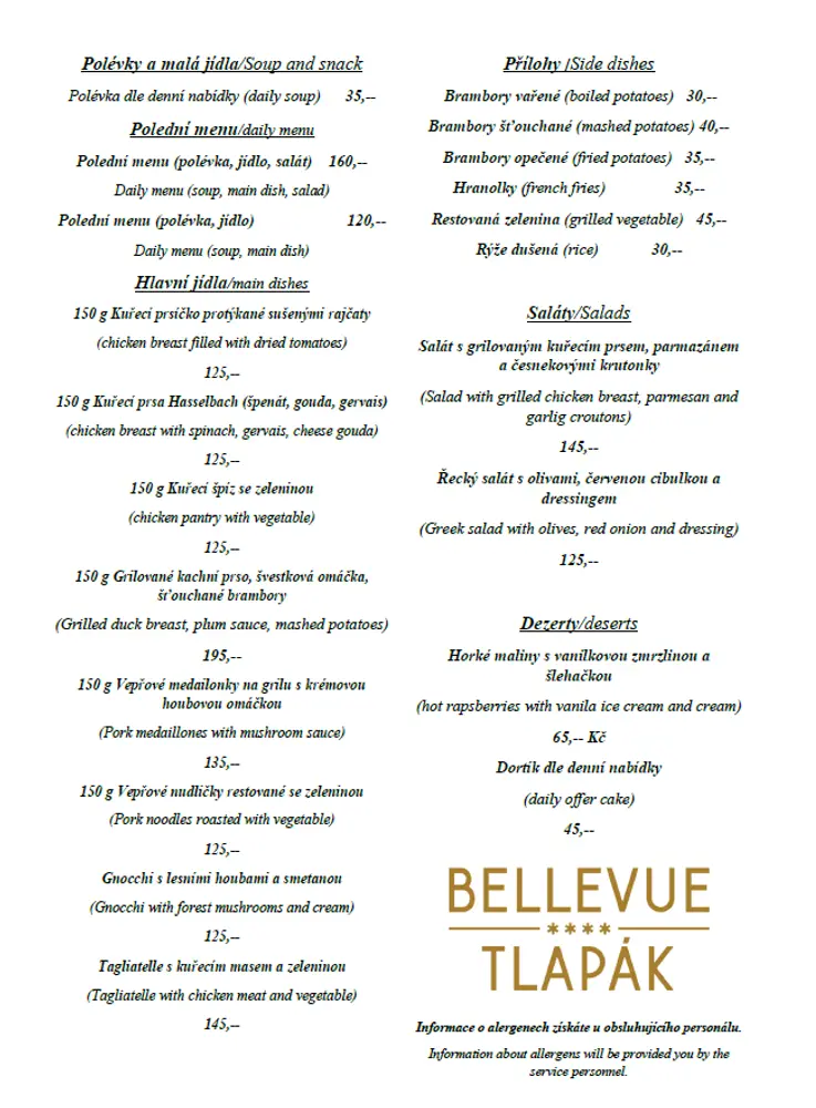 Menu restaurace — Lázně Poděbrady, a. s.